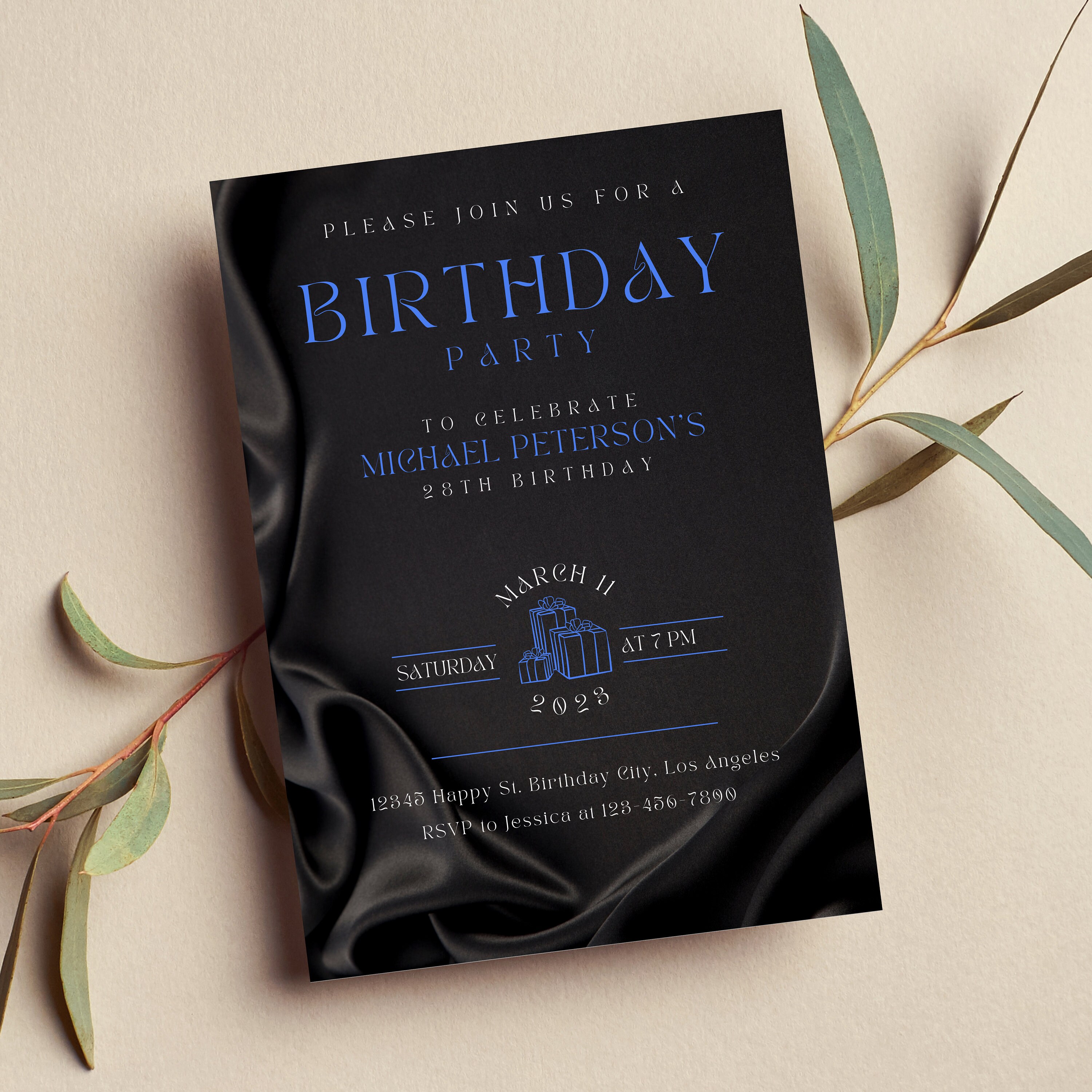 Editable Birthday Party Invitation, Printable Leather Black and Royal ...