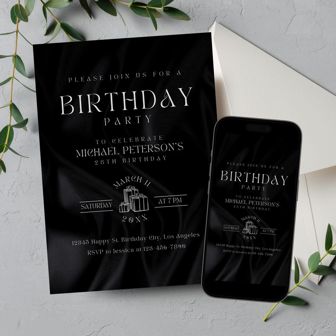 Editable Silver and Black Birthday Invitation for Men, Masculine Silver ...