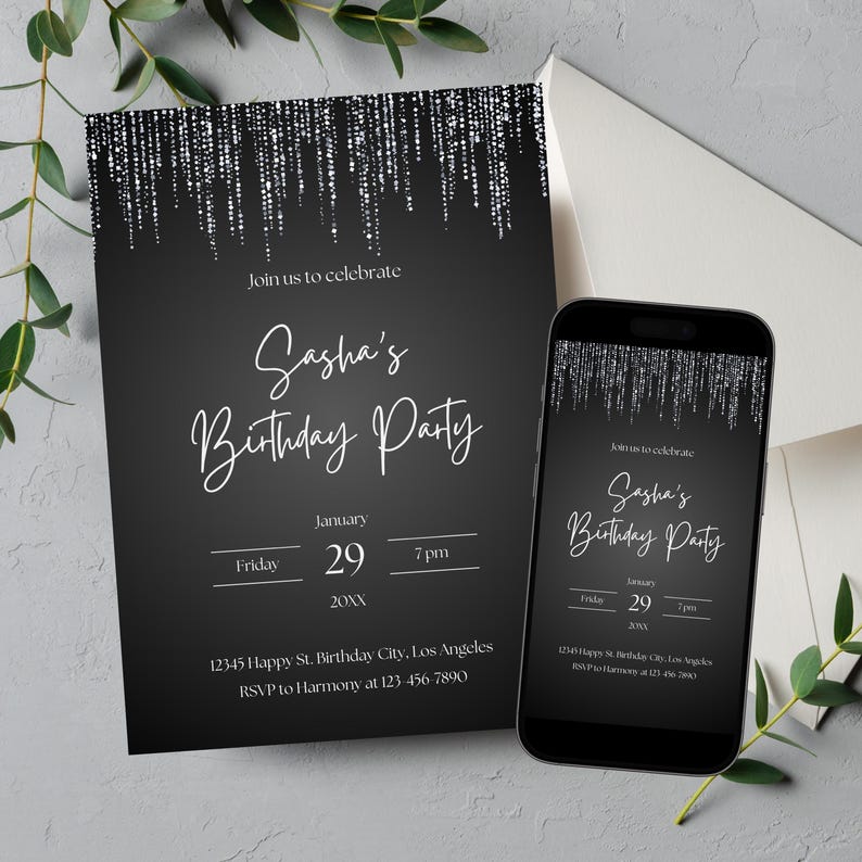 Editable Black and White Birthday Invitation, Printable Silver Grey Birthday Party Invitation ...