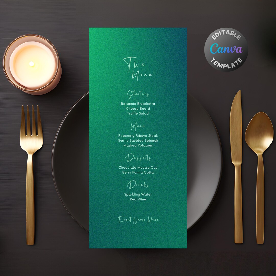 Editable Green Gradient Menu, Printable Green Dinner Menu, Elegant Teal ...