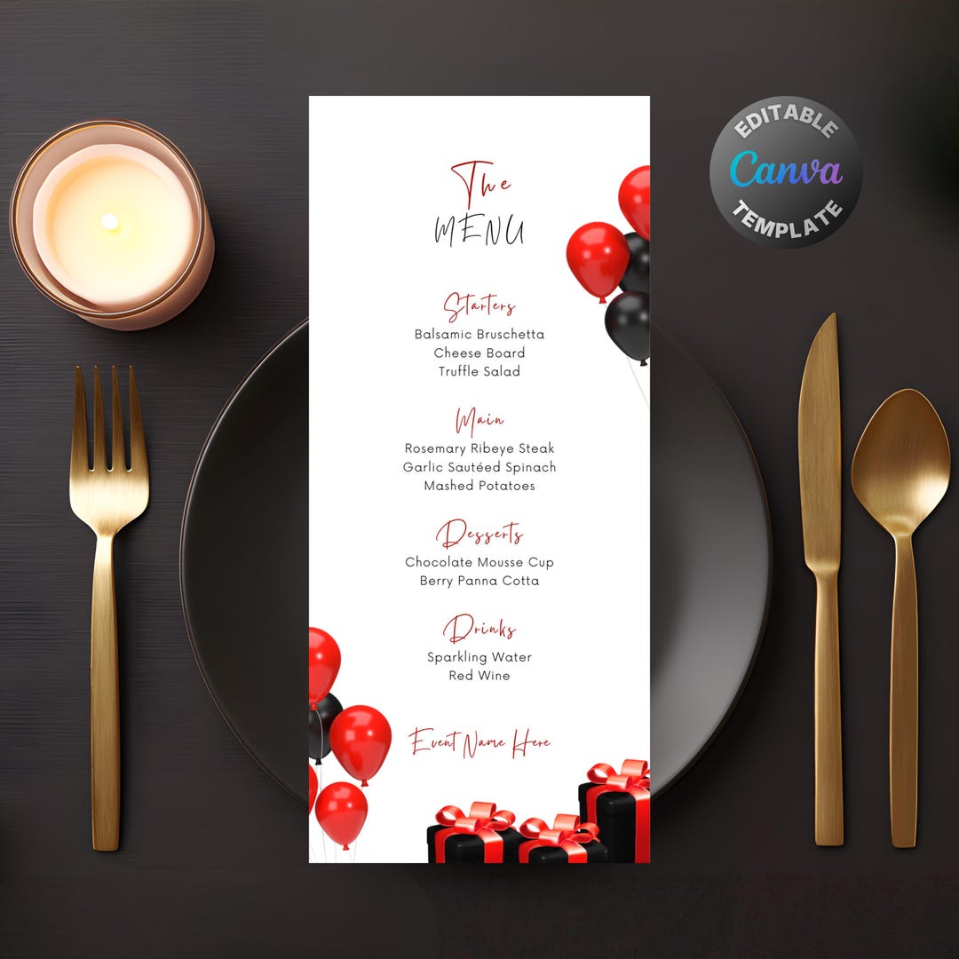 Editable White Red Menu, Printable Red Balloons Dinner Menu, Classy Red ...