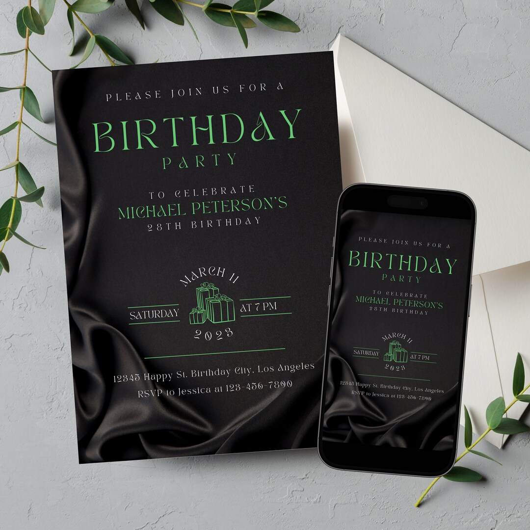 Editable Birthday Party Invitation, Printable Agate Black and Green ...