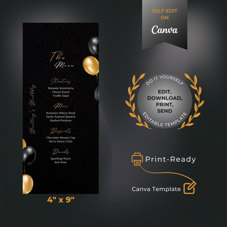 Editable Black and Gold Menu, Printable Gold Black Dinner Menu, Classy ...