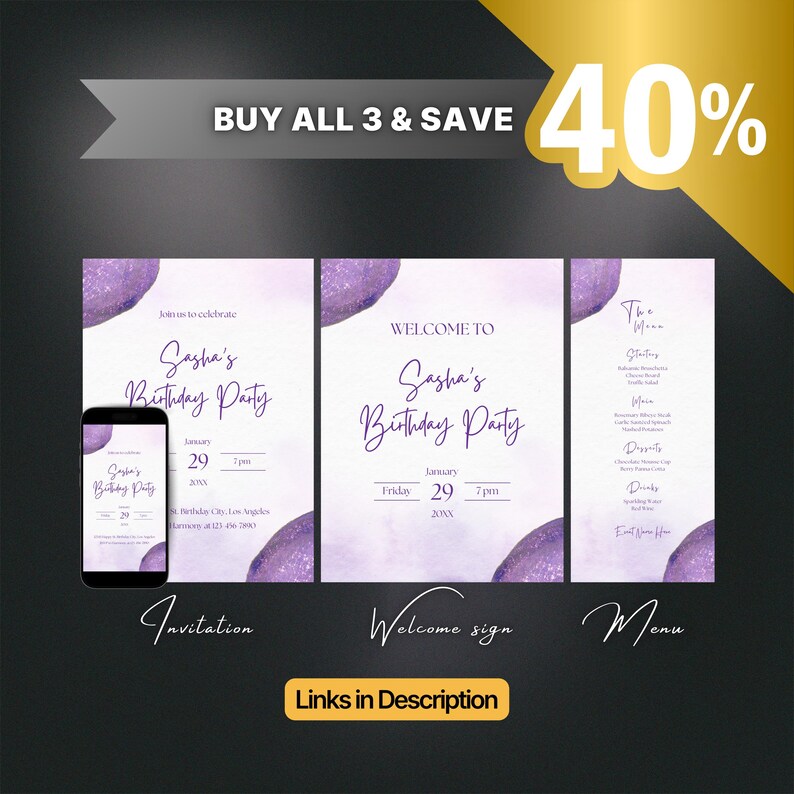 Editable Purple Birthday Invitation for Women, Printable All Purple ...