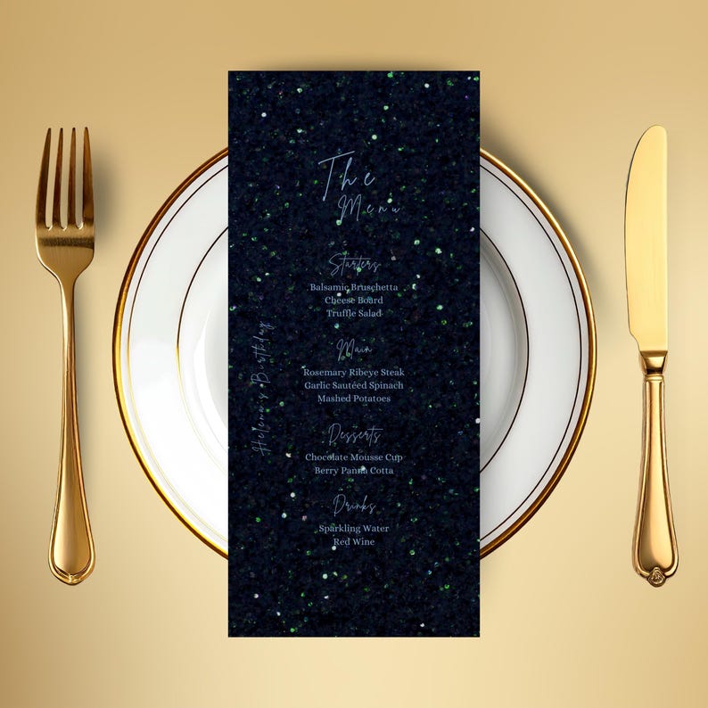 Editable Midnight Blue Menu, Printable Blue Glitter Dinner Menu, Classy ...