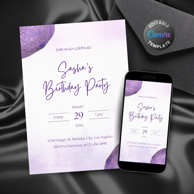 Editable Purple Birthday Invitation for Women, Printable All Purple ...