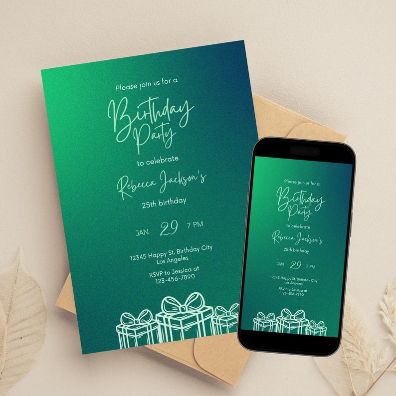 Editable Emerald Green Birthday Invitation, Printable Shades of Green ...