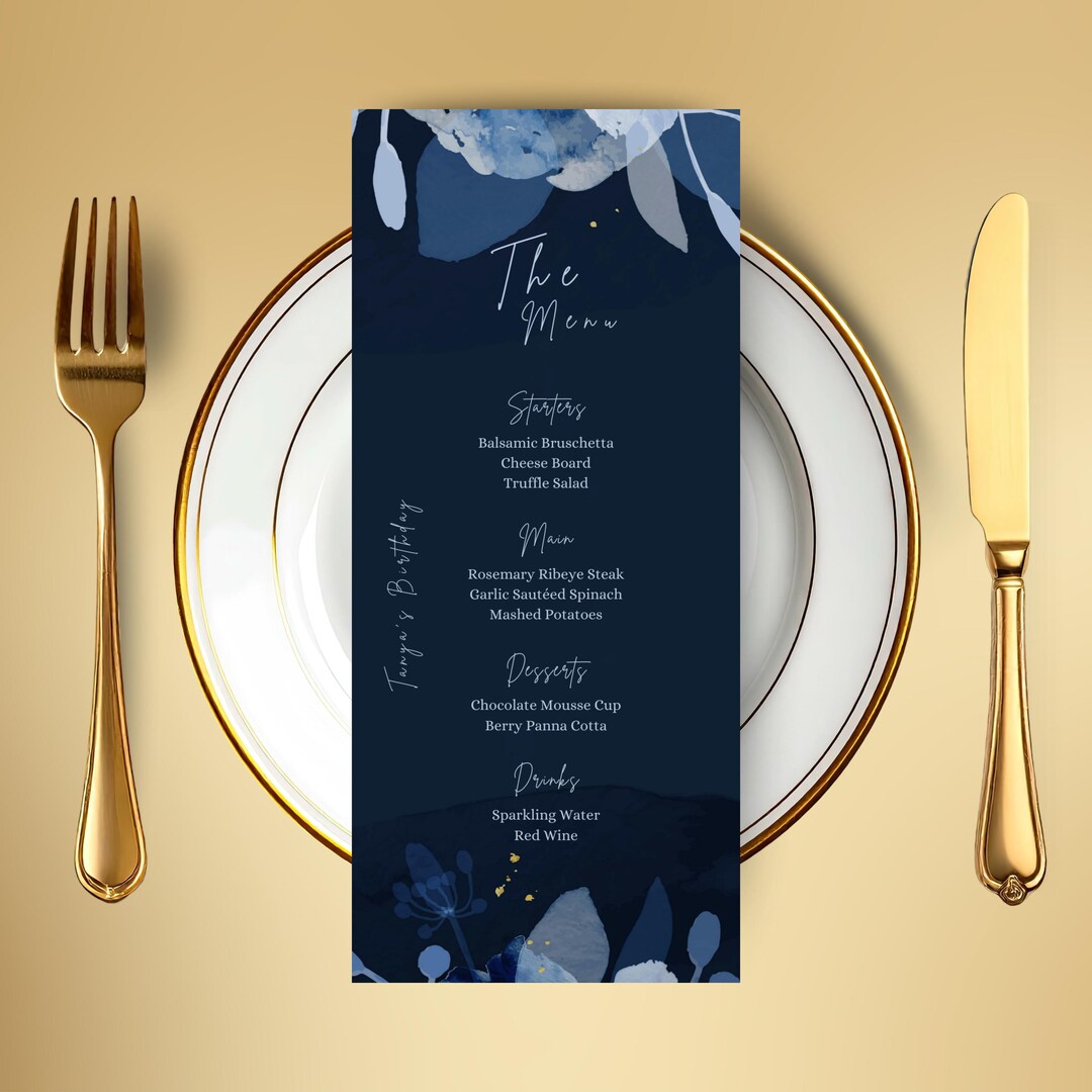 Editable Blue Floral Menu, Printable Navy Blue Dinner Menu, Elegant ...