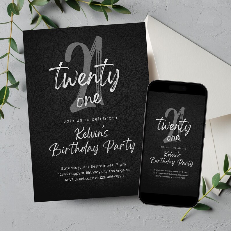 Editable Silver and Black Birthday Invitation for Men, Masculine Silver ...