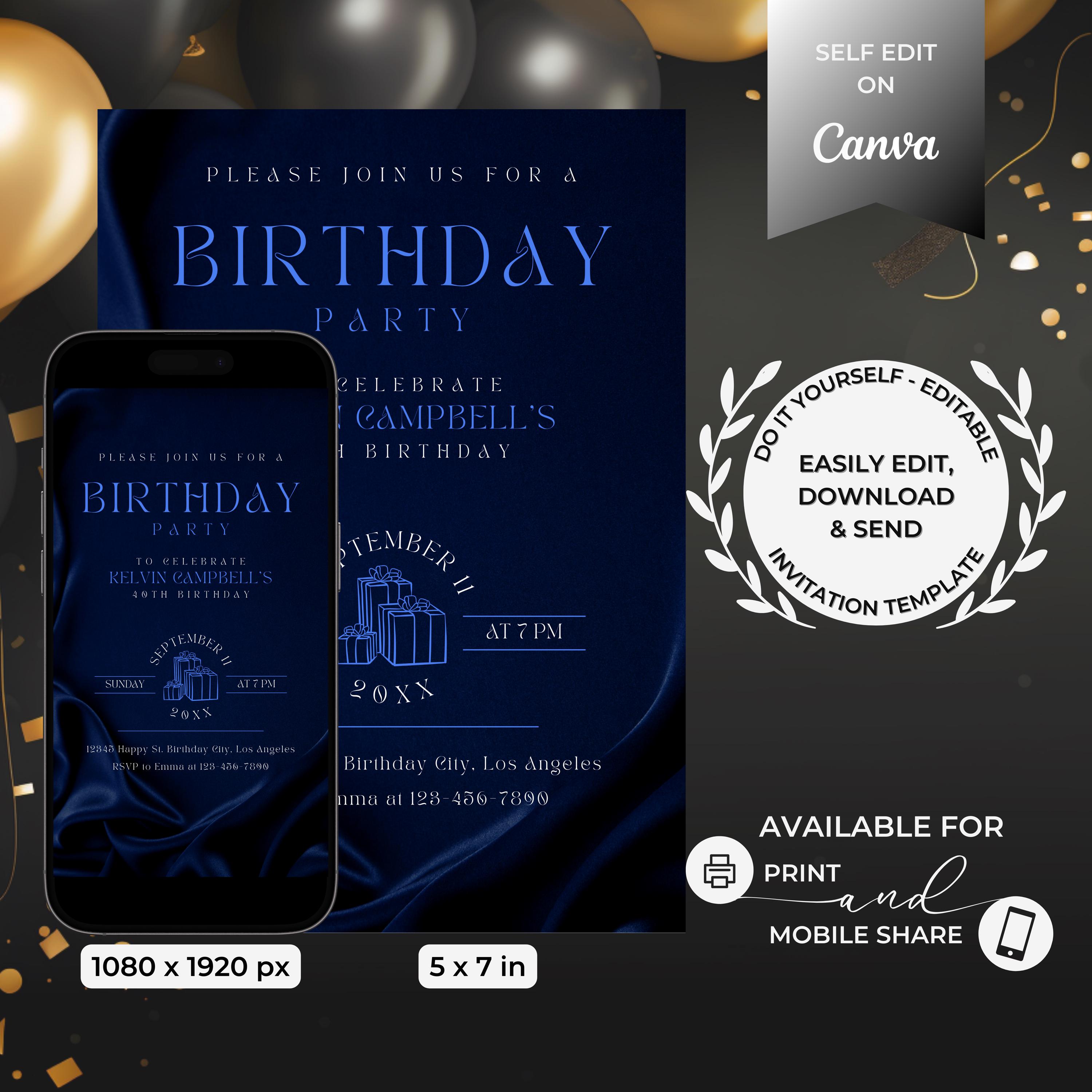 Editable Navy Blue Birthday Invitation for Men, Printable Shades of ...