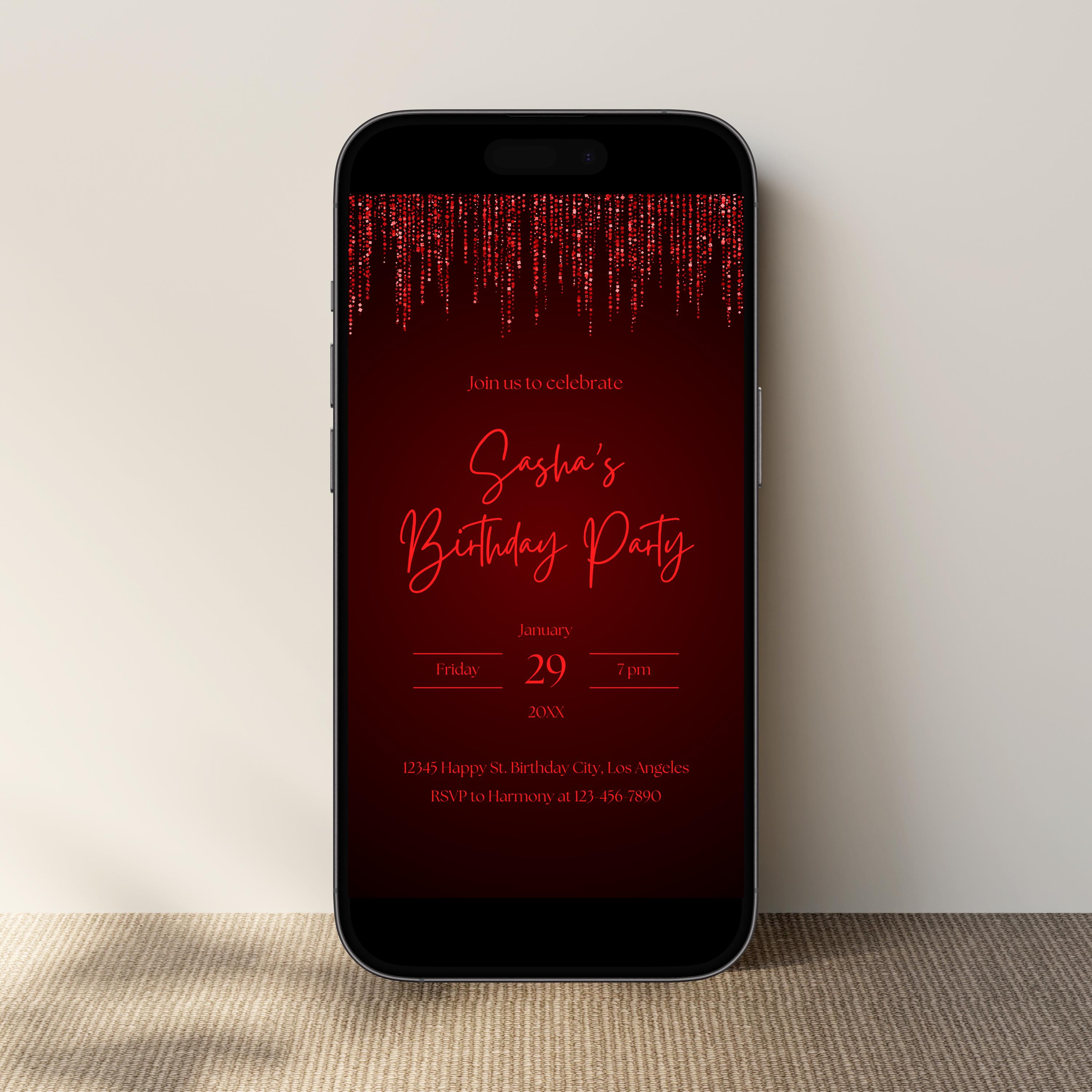 Editable Red Birthday Invitation for Women, Printable Hot Red Birthday ...
