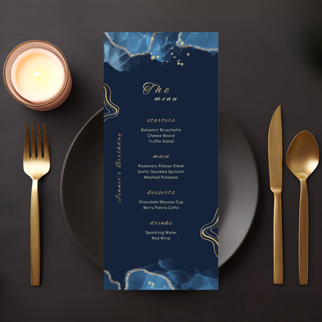 Editable Navy Blue Gold Menu, Printable Blue Gold Dinner Menu, Classy ...