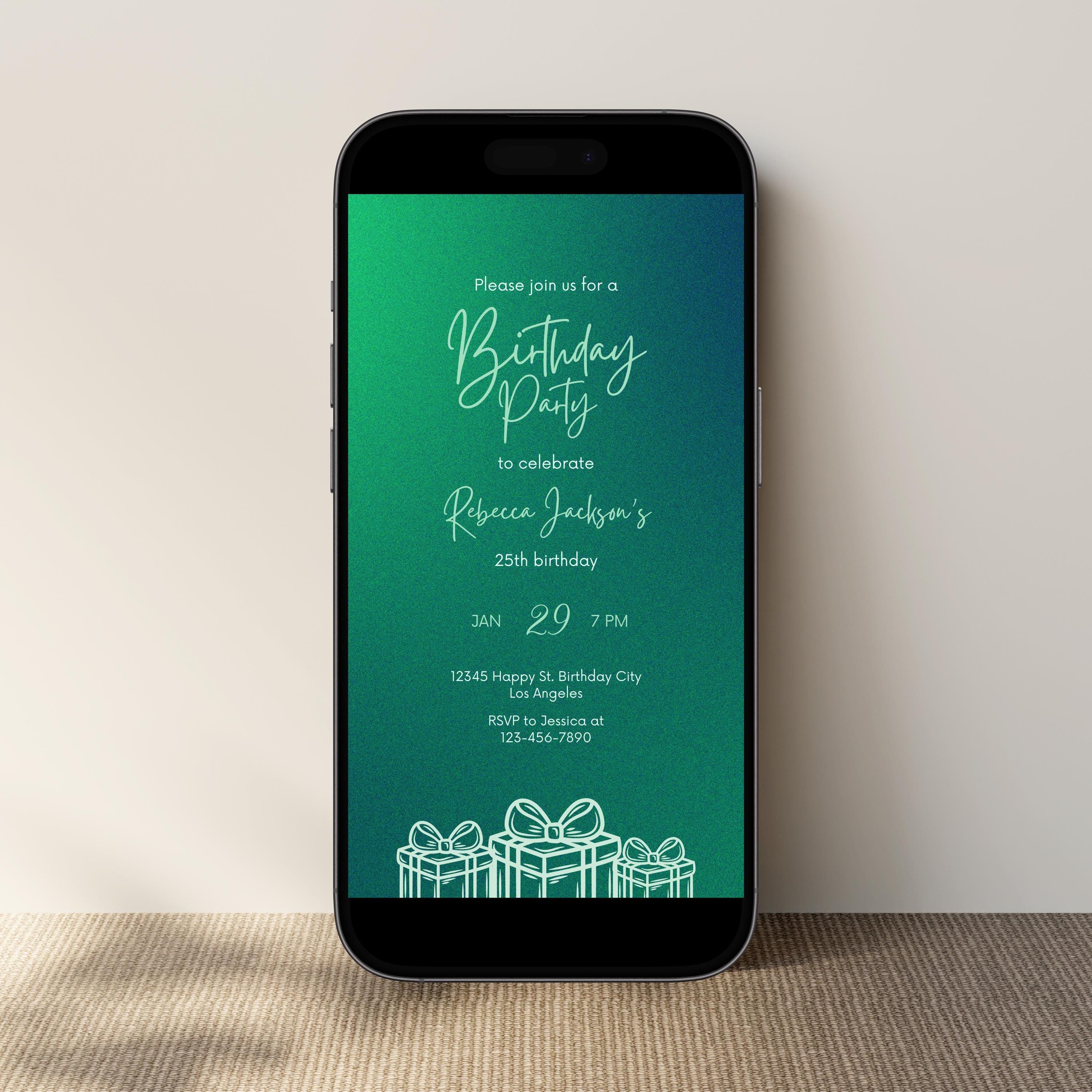 Editable Emerald Green Birthday Invitation, Printable Shades of Green ...