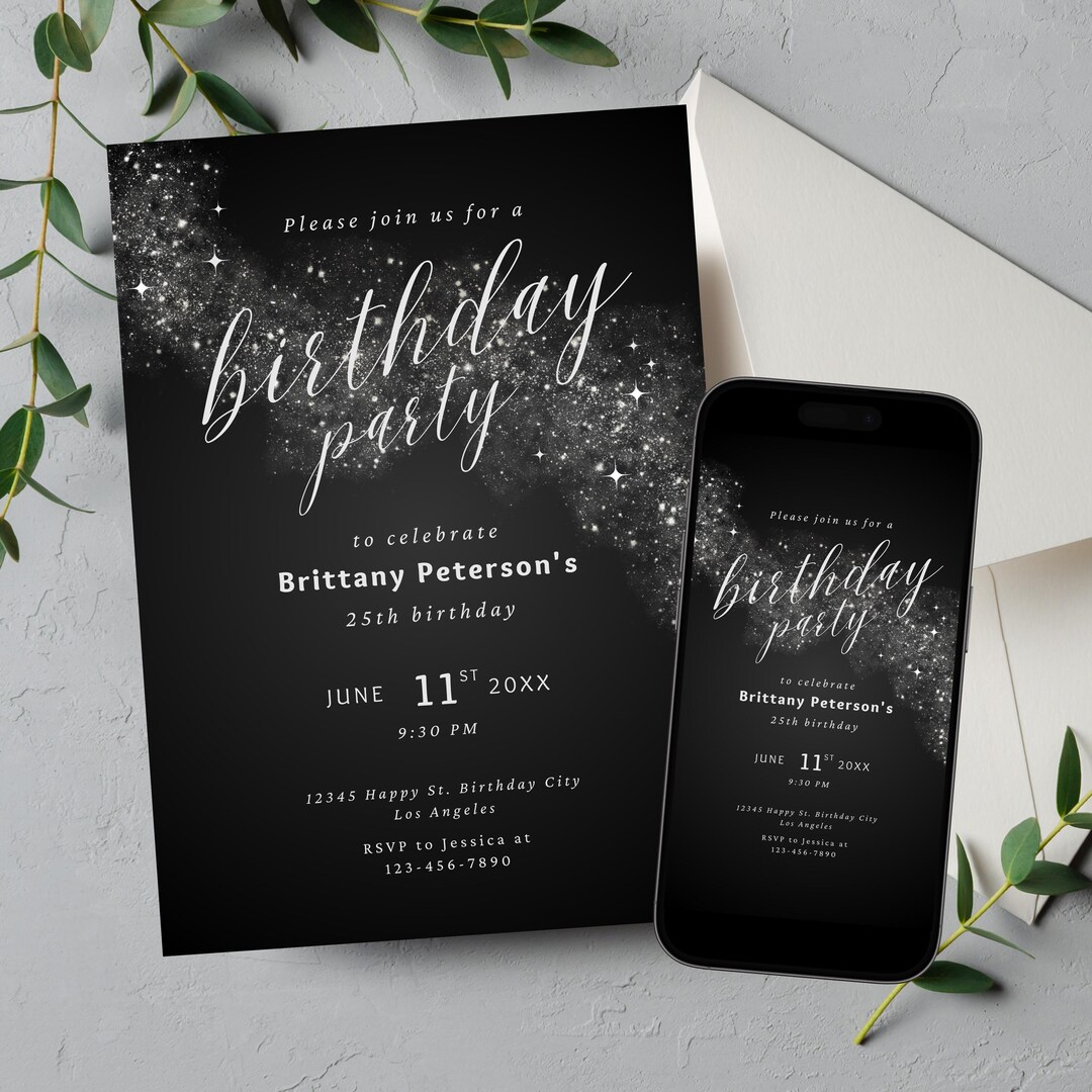 Editable Black and Silver Birthday Invitation for Adult, Elegant Shades ...
