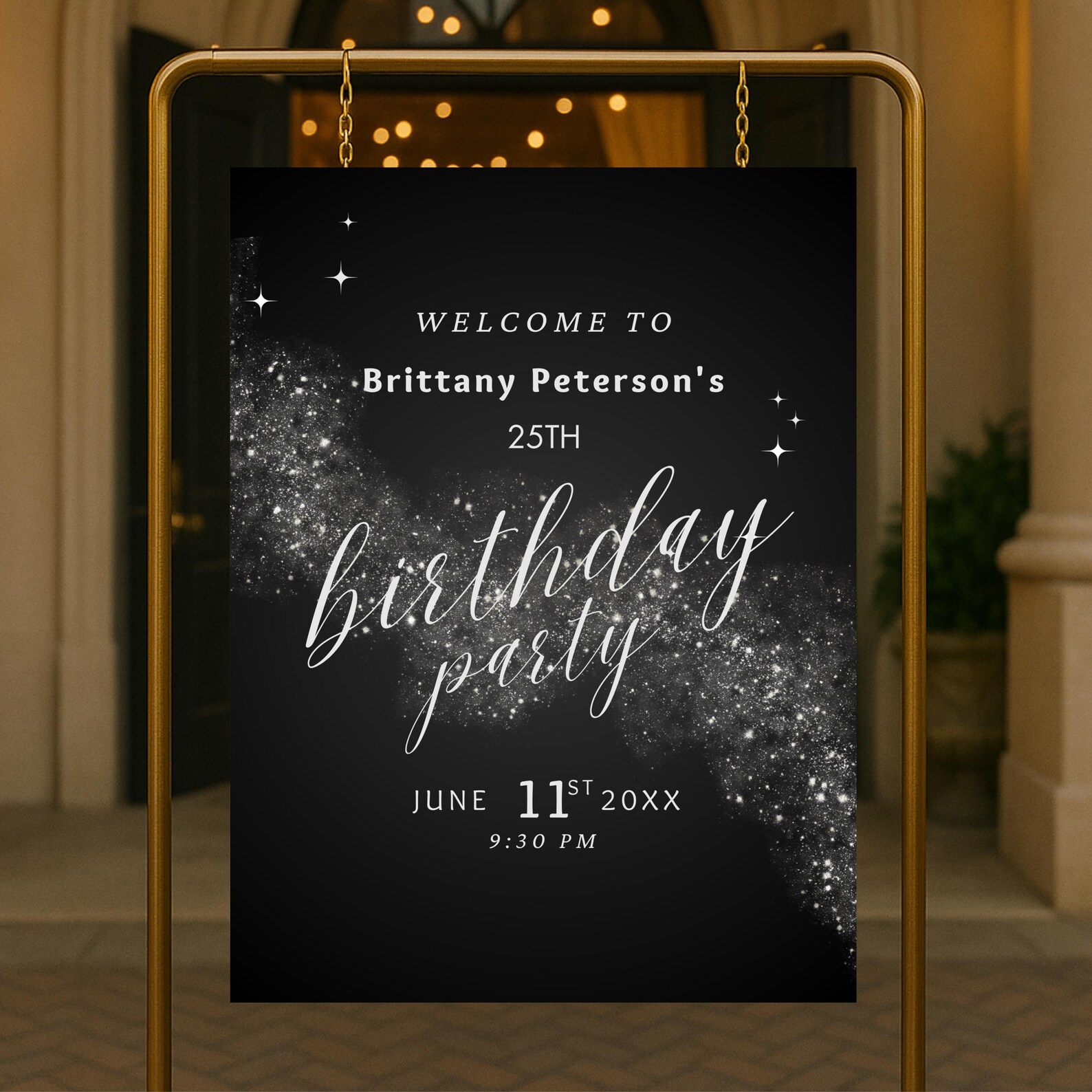 Editable Starry Night Welcome Sign, Printable Black and Silver Birthday ...