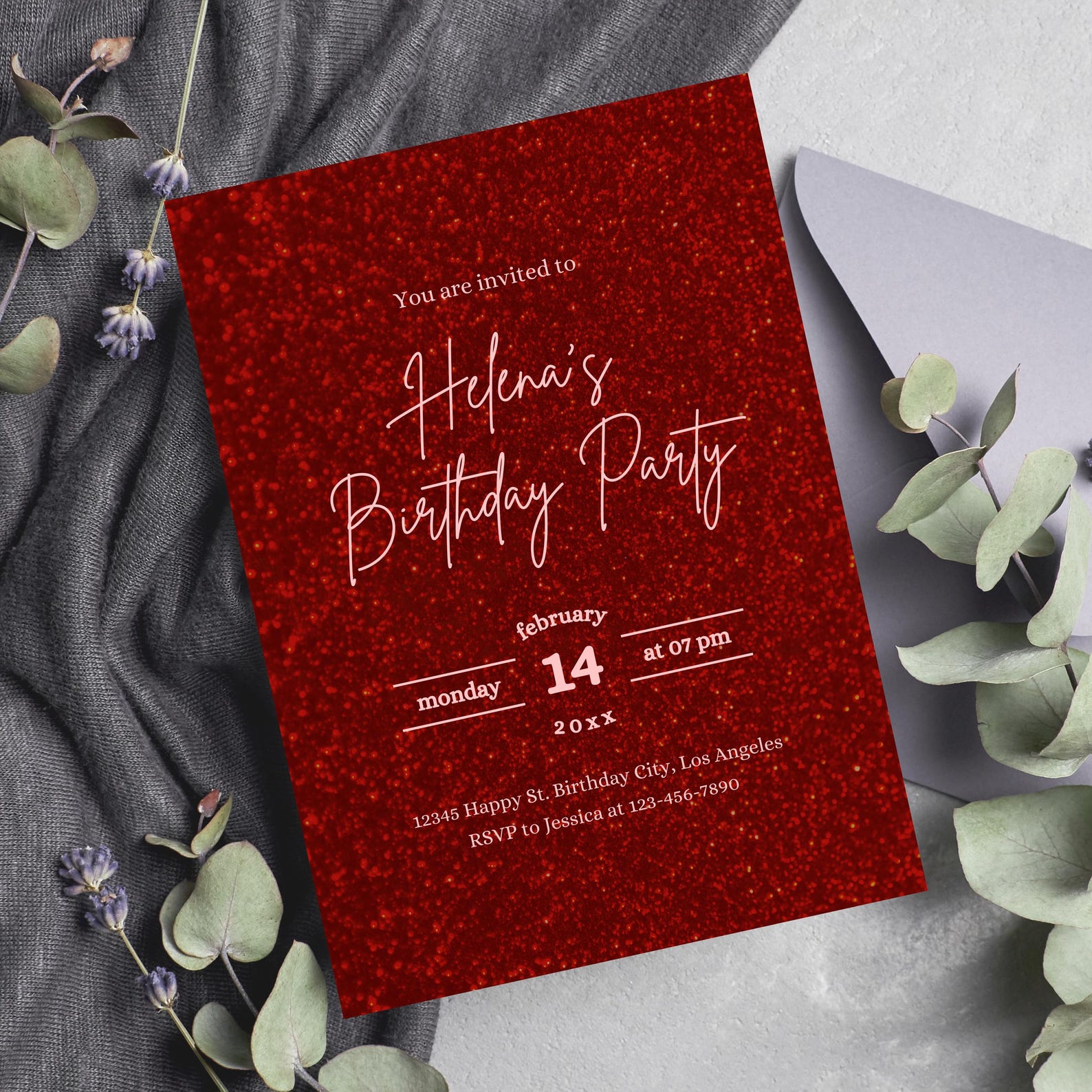 Editable All Red Birthday Invitation for Women, Feminine Ruby Red ...