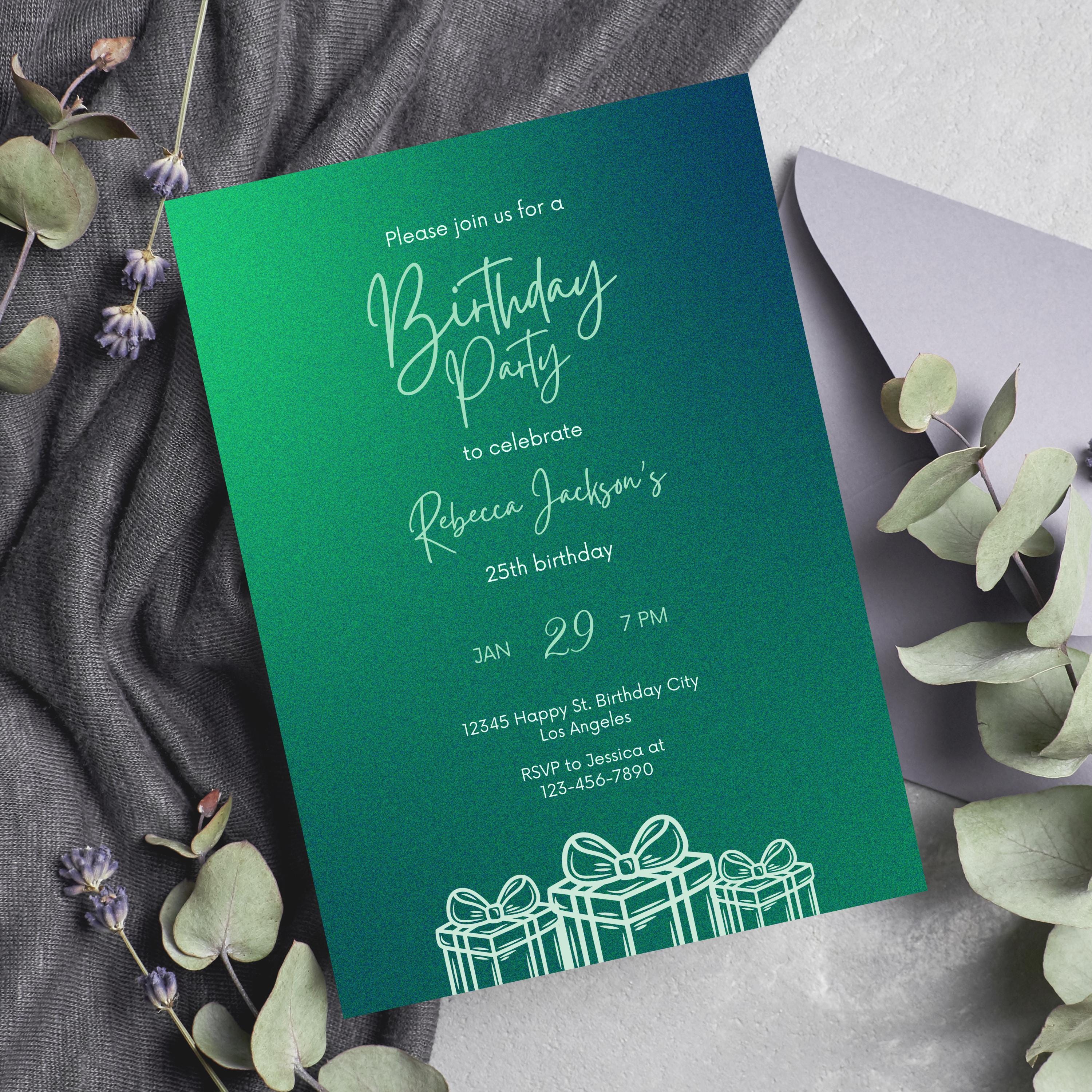 Editable Emerald Green Birthday Invitation, Printable Shades of Green ...