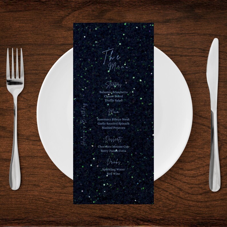 Editable Midnight Blue Menu, Printable Blue Glitter Dinner Menu, Classy ...