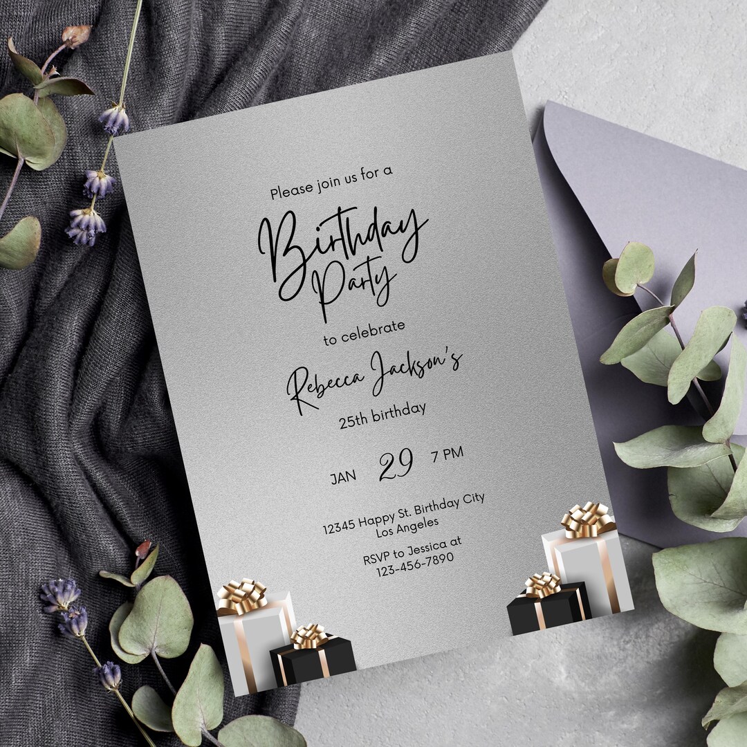 Editable Shades of Grey Birthday Invitation, Printable Silver and Gold Birthday Party Invitation ...