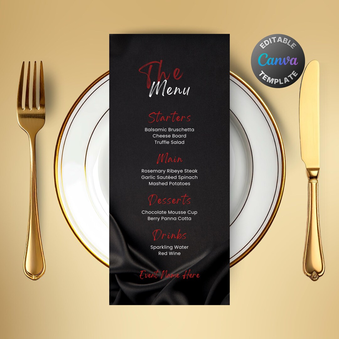 Editable Black and Red Menu, Printable Red Black Dinner Menu, Classy ...