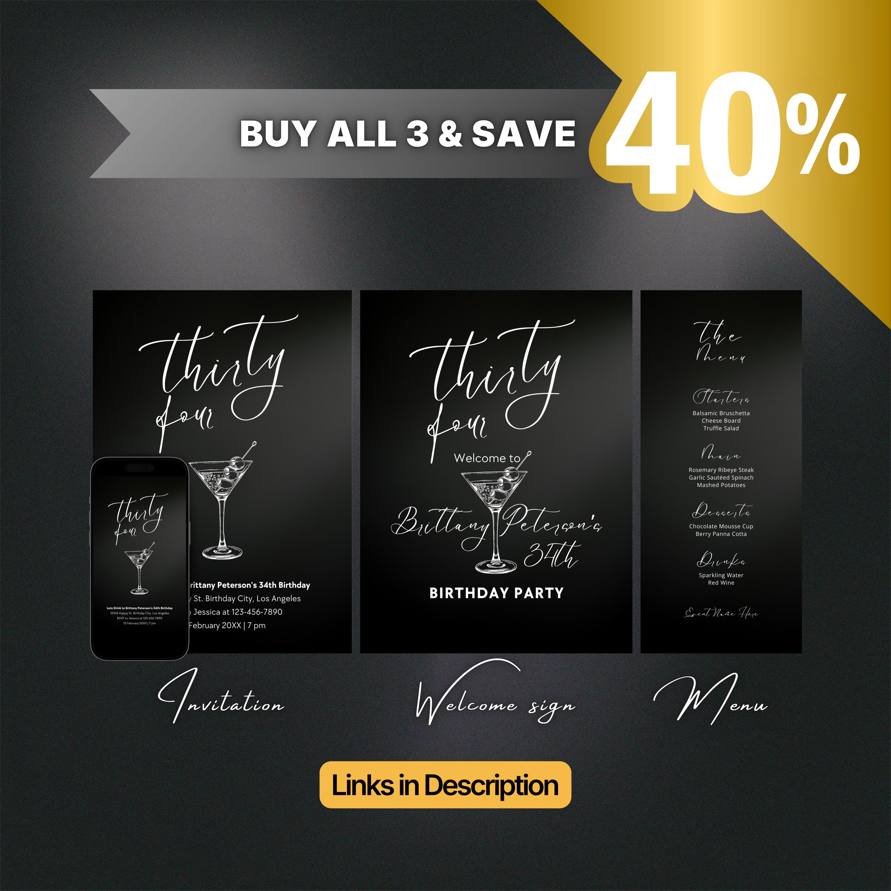 Editable Black Martini Birthday Invitation, Printable All Black ...