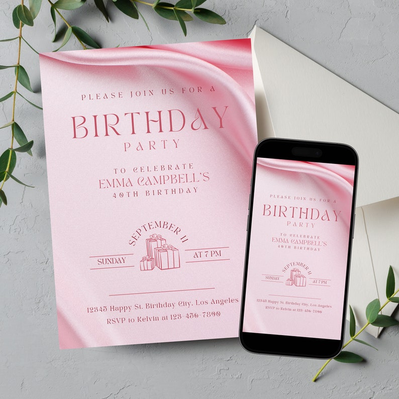 Editable Pink Birthday Invitation for Women, Printable Shades of Pink ...