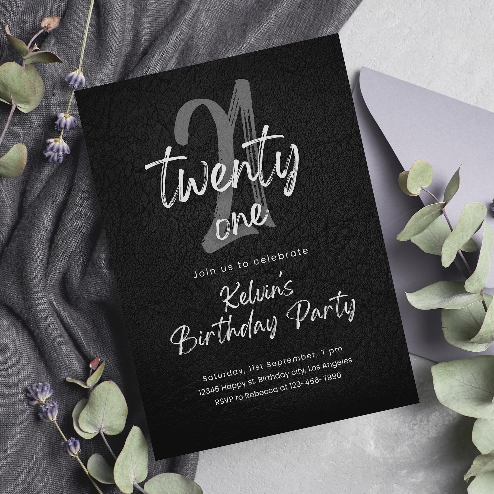 Editable Silver and Black Birthday Invitation for Men, Masculine Silver ...