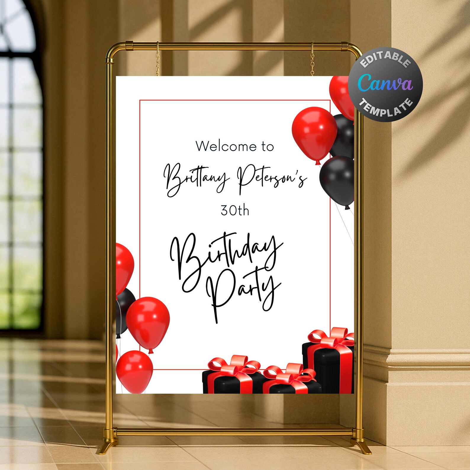 Editable Red Balloons Birthday Welcome Sign, Printable White and Red ...