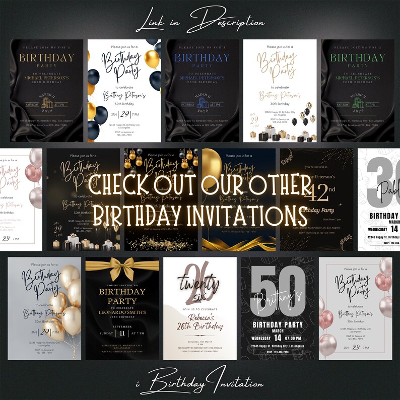 Editable Black Gold Birthday Invitation, Printable Black Gold Birthday ...