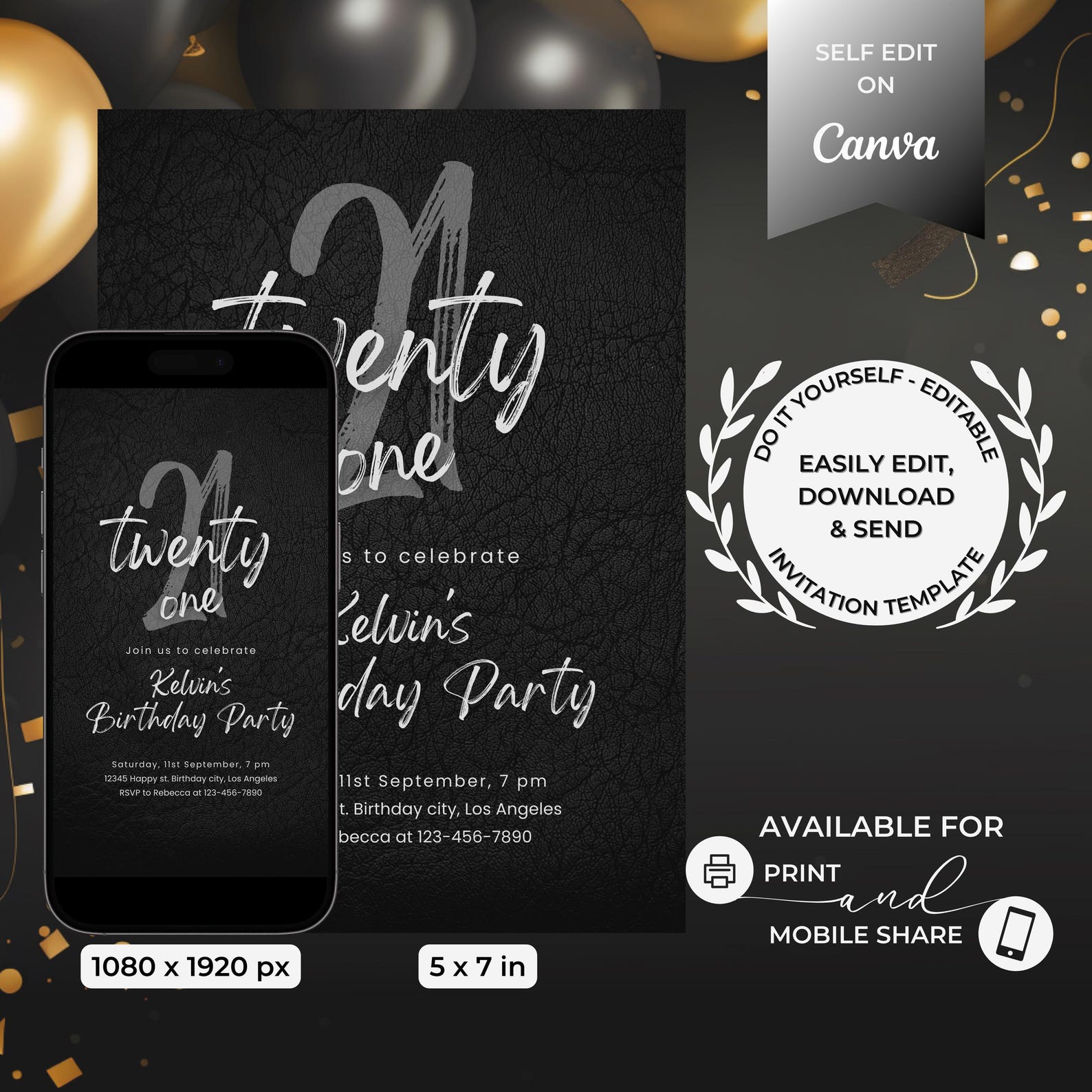 Editable Silver and Black Birthday Invitation for Men, Masculine Silver ...