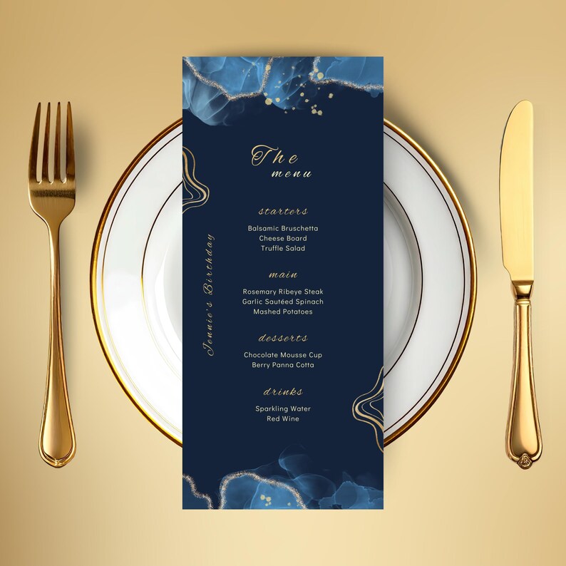 Editable Navy Blue Gold Menu, Printable Blue Gold Dinner Menu, Classy ...