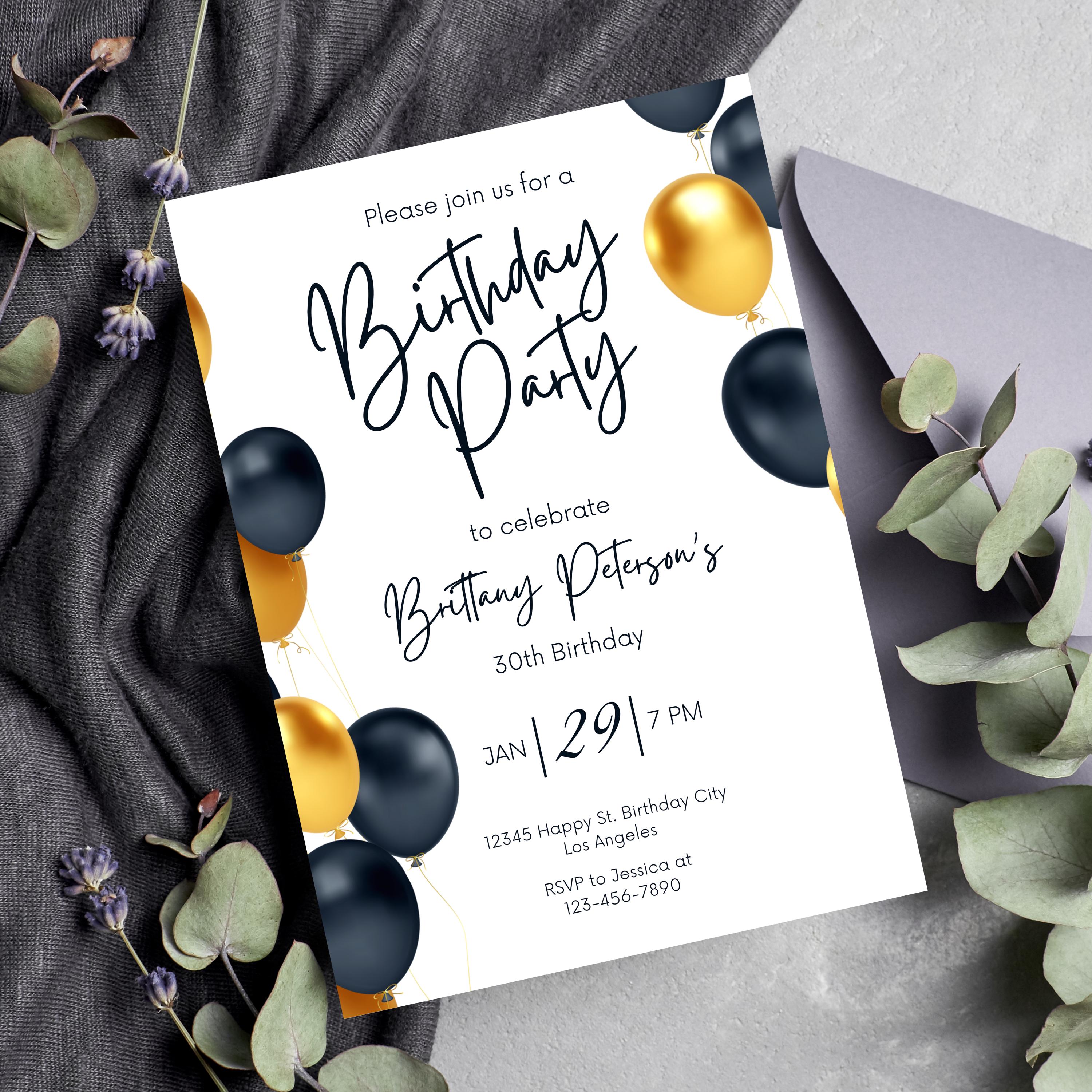 Editable White and Gold Birthday Invitation, Printable All White ...