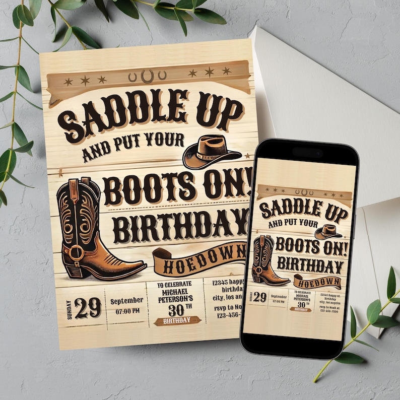 Rustic Cowboy Birthday Invitation, Western Hoedown Party Invite ...