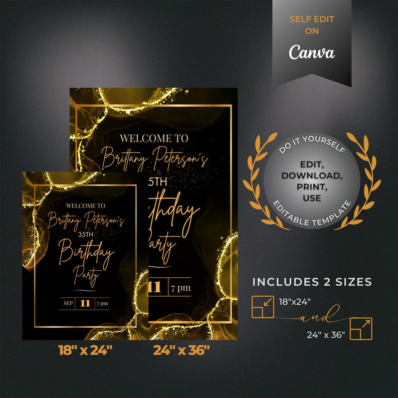 Editable Black and Gold Welcome Sign, Printable Gold Glitter Birthday ...
