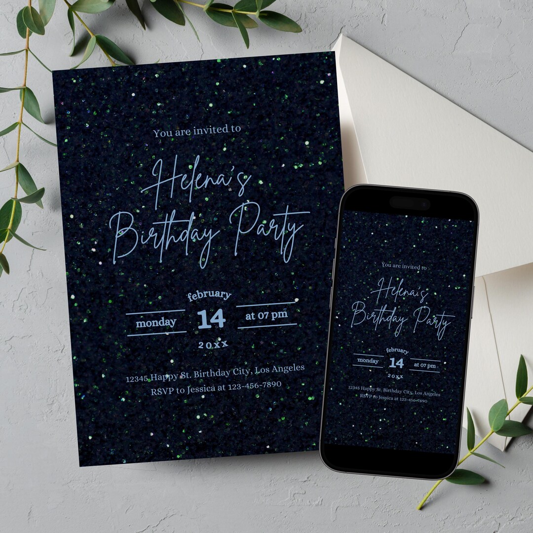 Editable Midnight Blue Birthday Invitation for Women, Feminine Navy ...