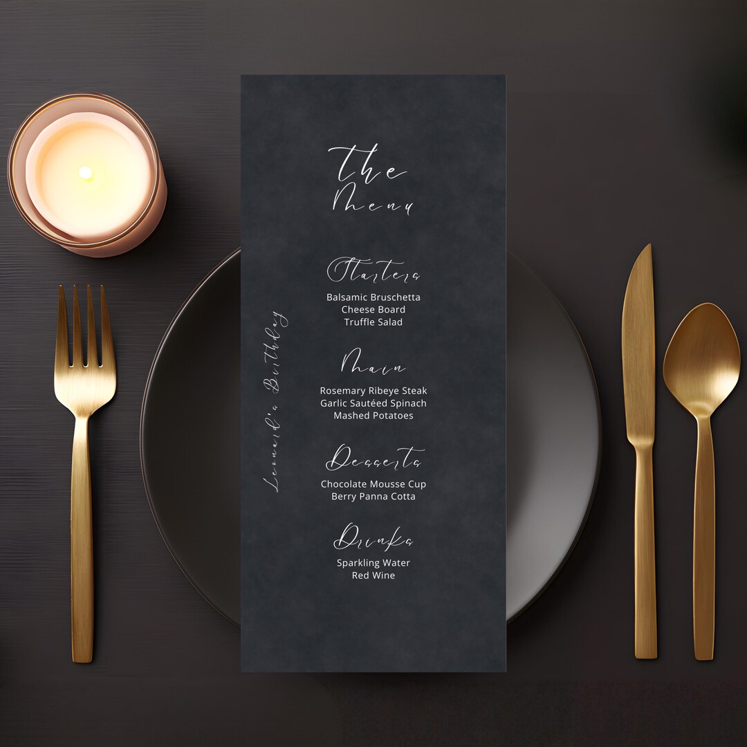 Editable Black Menu, Printable Silver Black Dinner Menu, Elegant Black ...