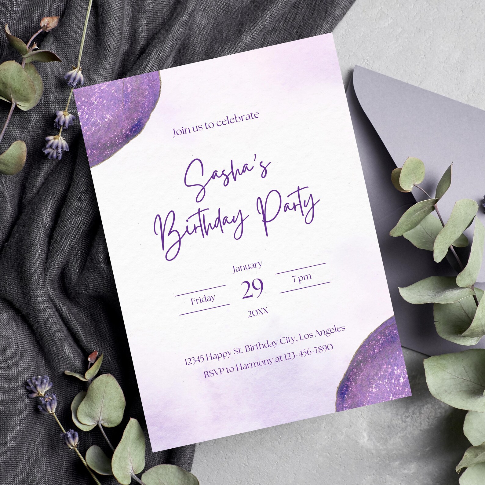 Editable Purple Birthday Invitation for Women, Printable All Purple ...