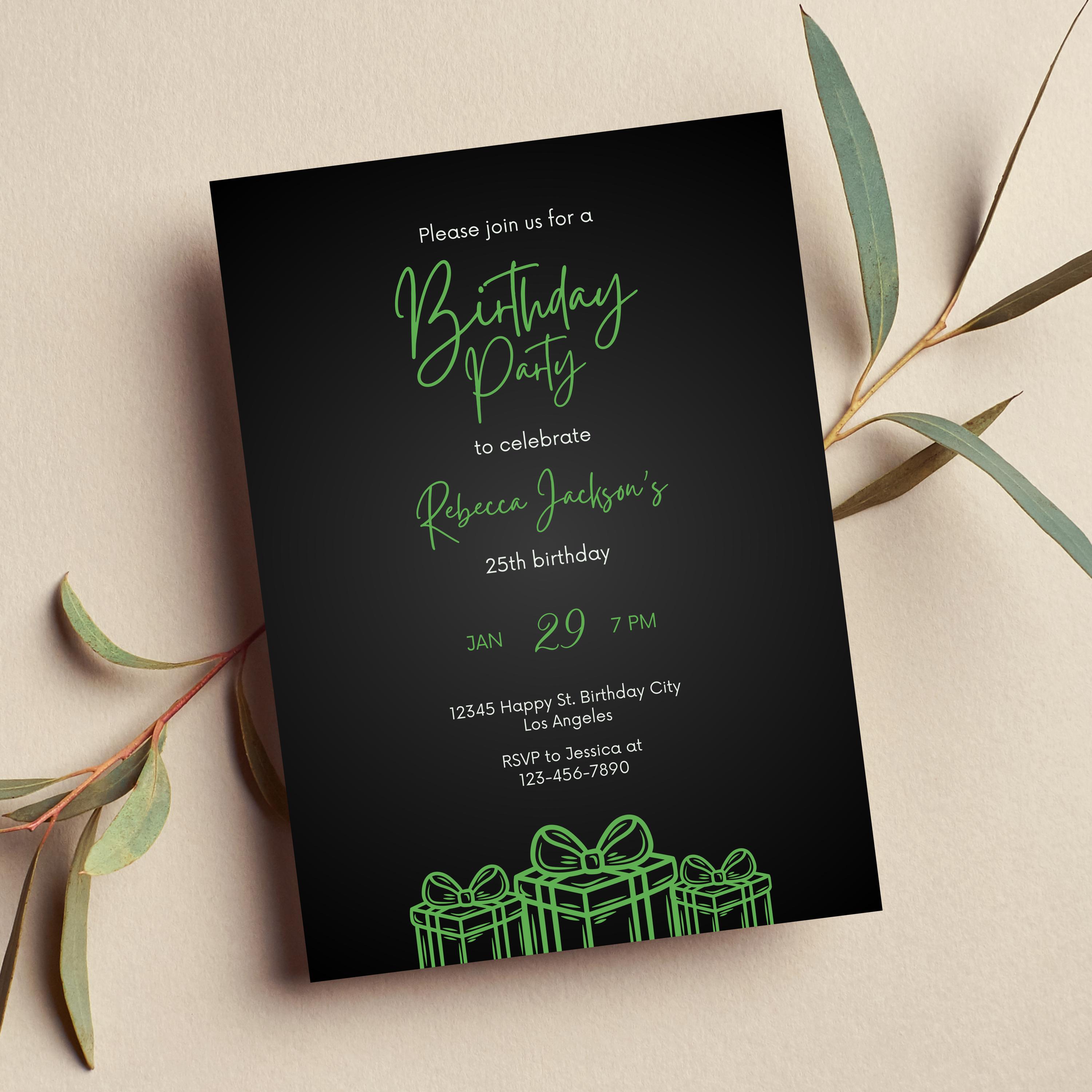 Editable Black and Green Birthday Invitation, Printable Luxury Black ...