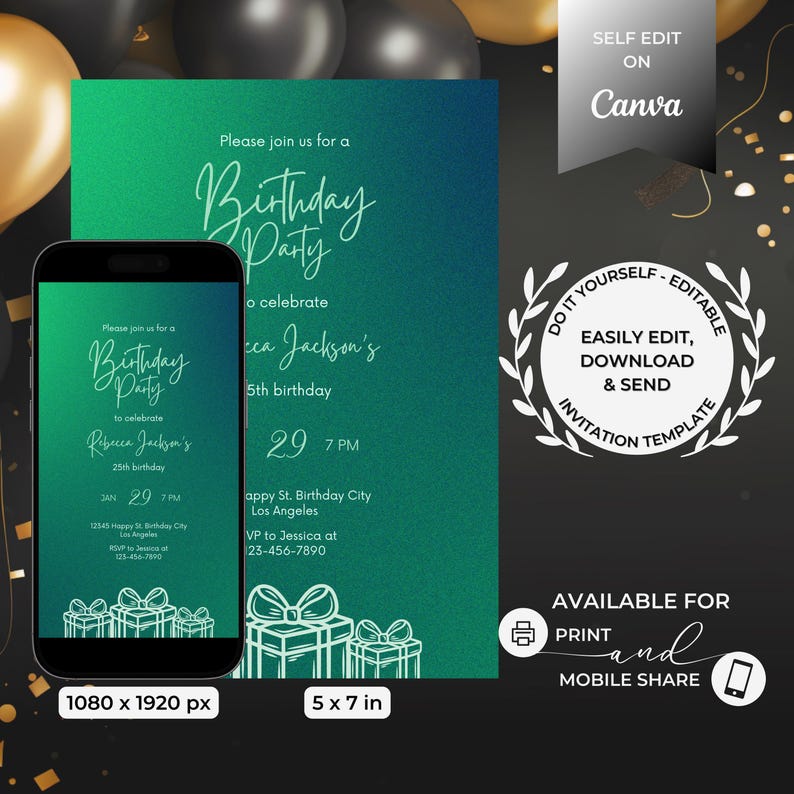 Editable Emerald Green Birthday Invitation, Printable Shades of Green ...