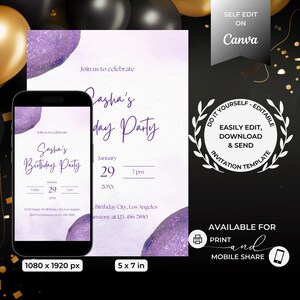 Editable Purple Birthday Invitation for Women, Printable All Purple ...