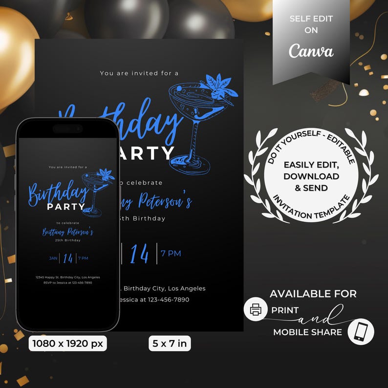Editable Blue Cocktail Glass Birthday Invitation, Printable Black and ...