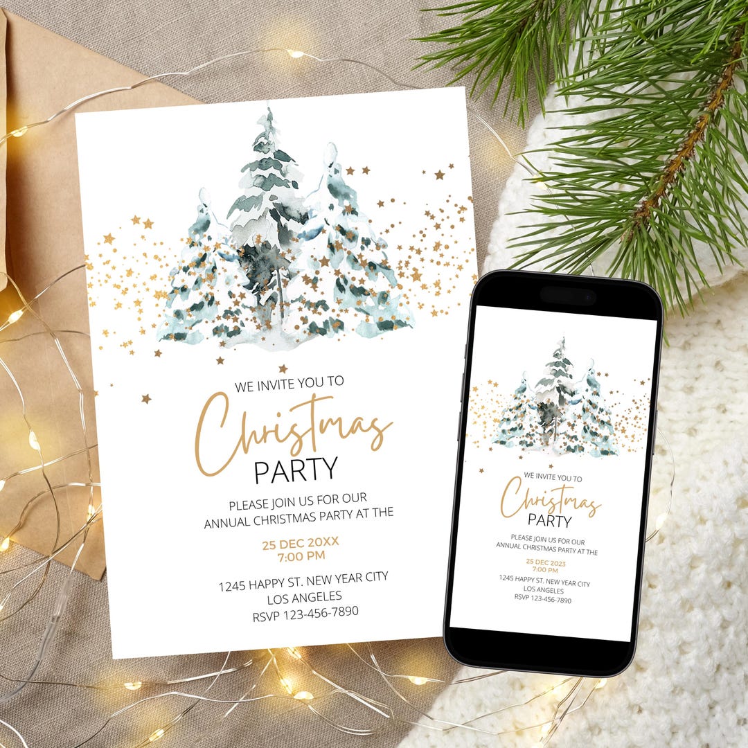 Editable Christmas Invitation Template Elegant Snowy Gold Tree Holiday ...