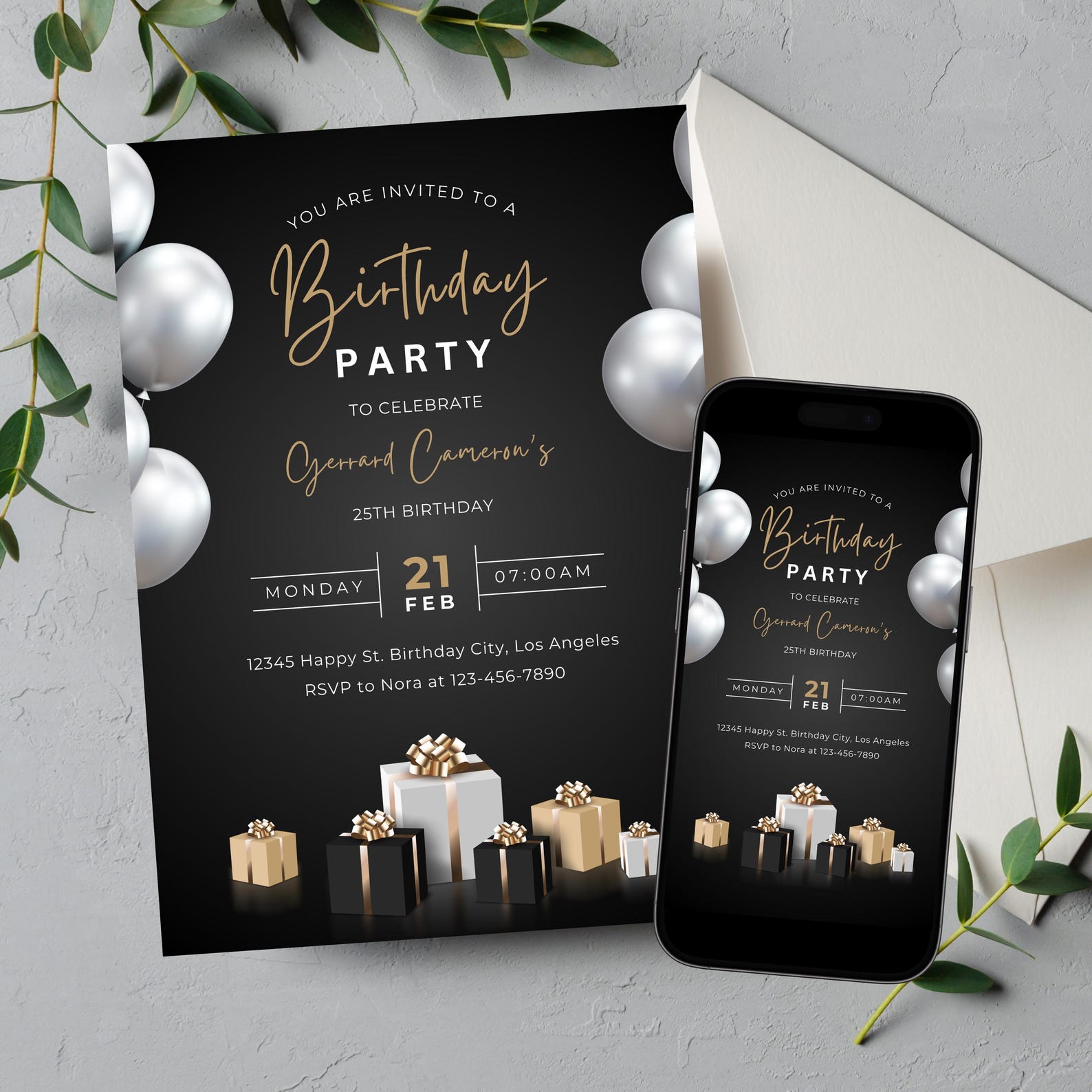 Editable Black Silver Gold Birthday Invitation, Printable Black and ...