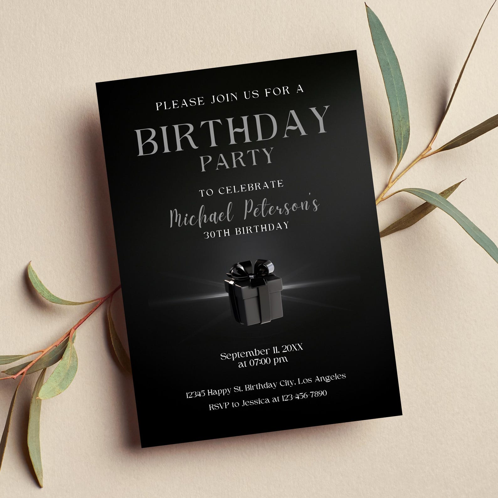 Editable All Black Birthday Invitation for Men, Printable Onyx Black ...