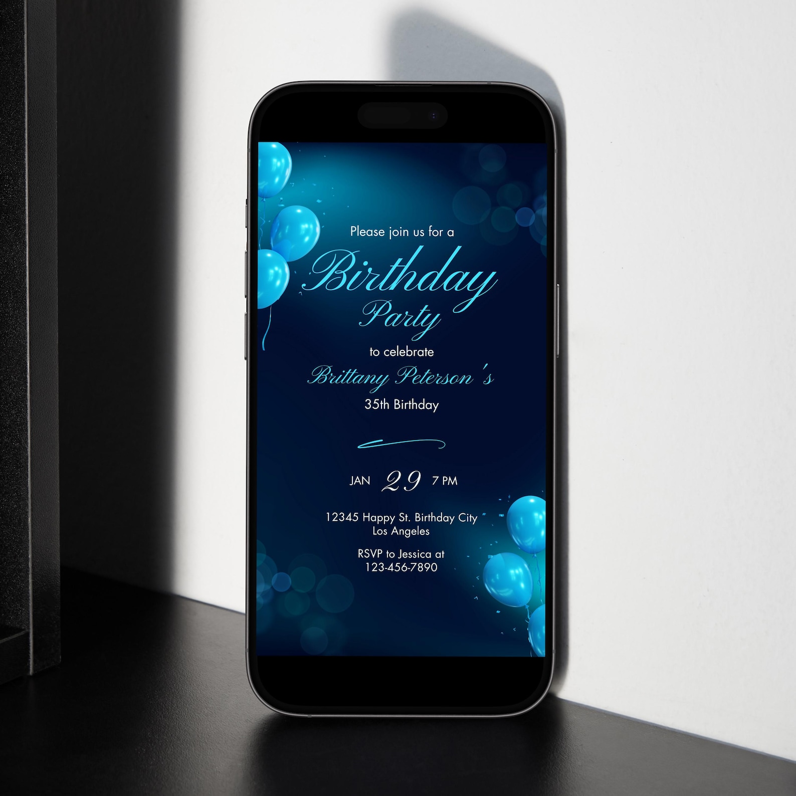Editable Blue Birthday Invitation, Printable Deep Blue Birthday Party ...
