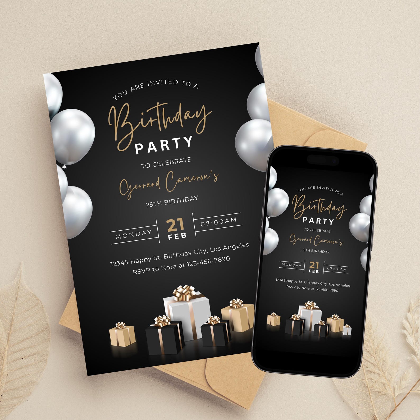 Editable Black Silver Gold Birthday Invitation, Printable Black and ...
