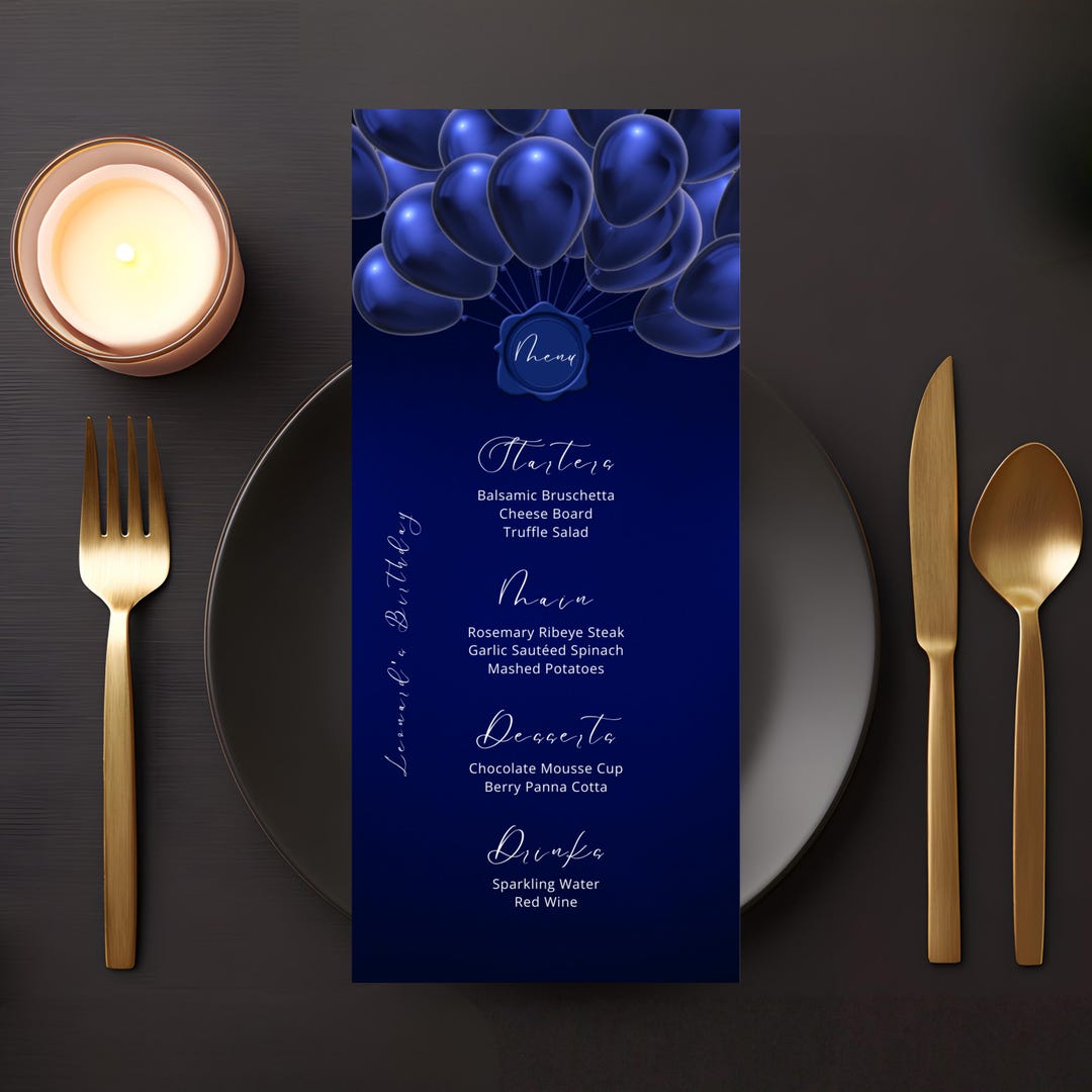 Editable Navy Blue Balloon Menu, Printable Navy Blue Dinner Menu ...