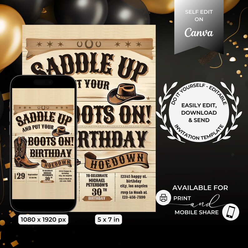 Rustic Cowboy Birthday Invitation, Western Hoedown Party Invite ...