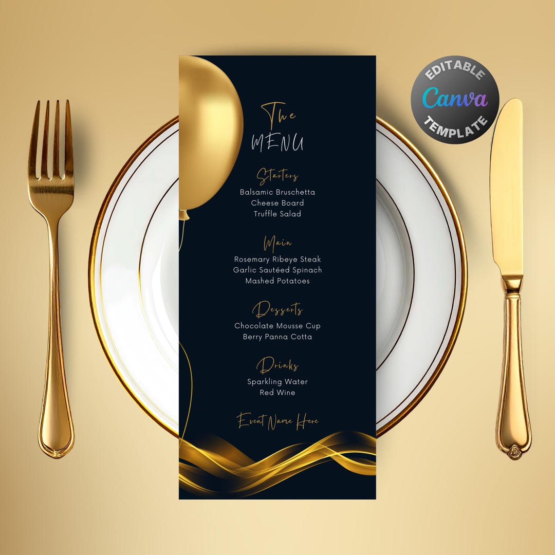 Editable Blue and Gold Menu, Printable Navy Blue and Gold Dinner Menu ...