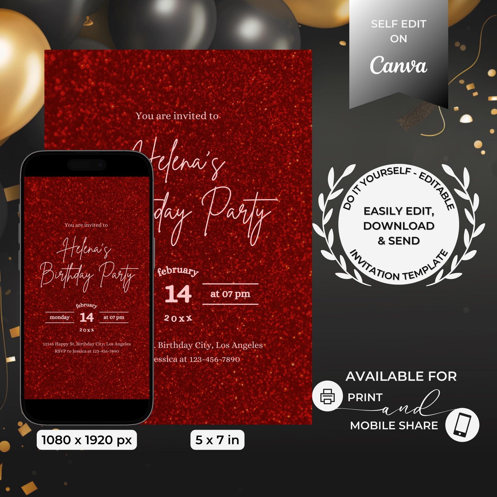 Editable All Red Birthday Invitation for Women, Feminine Ruby Red ...